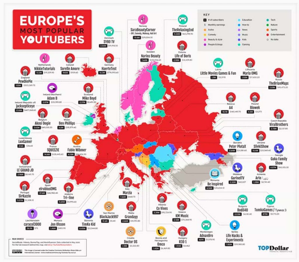 Mapa mostra qual é o canal do YouTube mais popular em cada país ...